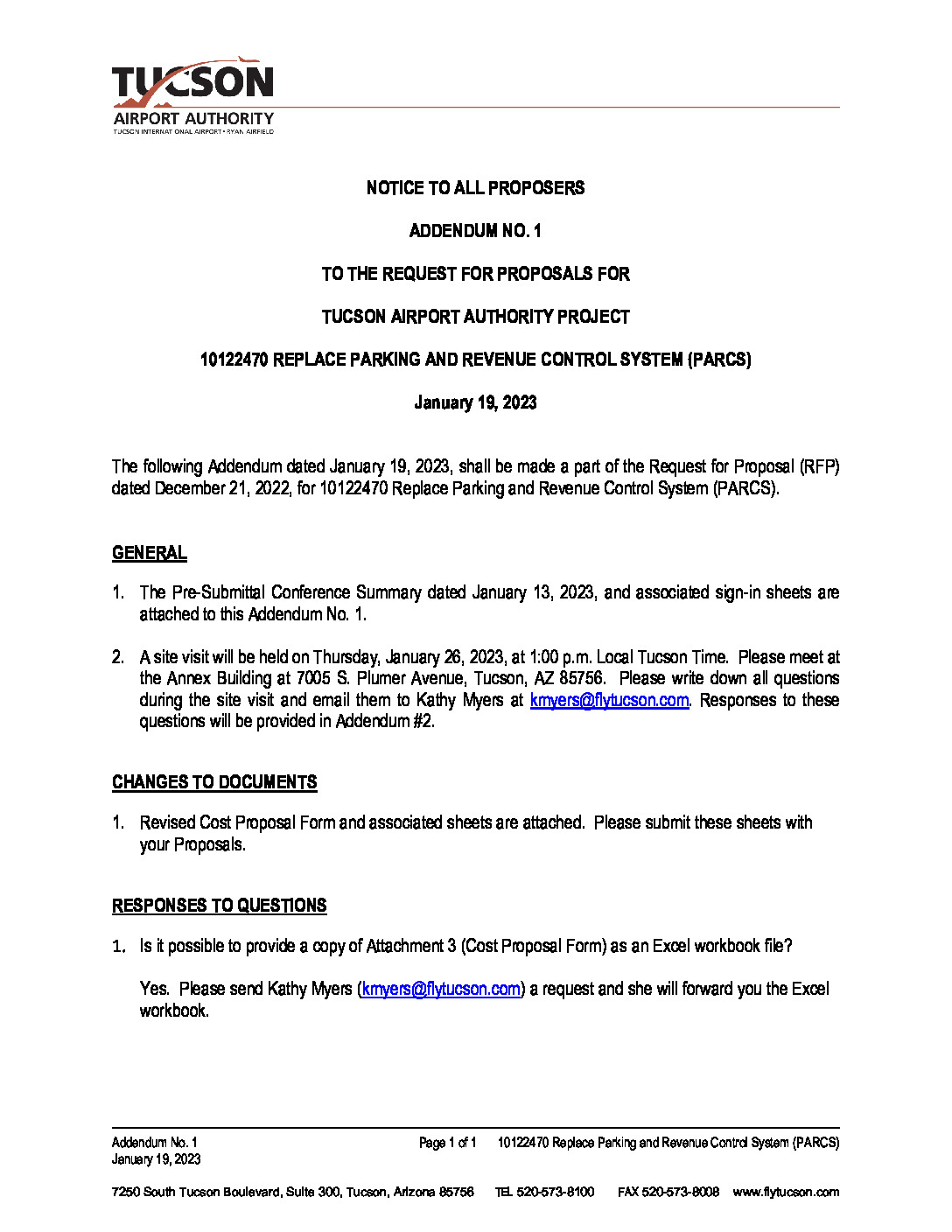 10122470 Replace Parking and Revenue Control System (PARCS) – Addendum #1 / Fly Tucson