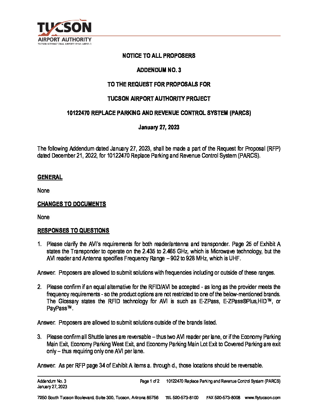 10122470 Replace Parking and Revenue Control System (PARCS) – Addendum #3 / Fly Tucson