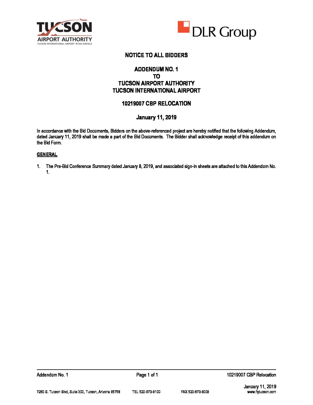10219007 CBP Relocation – Addendum #1 / Fly Tucson