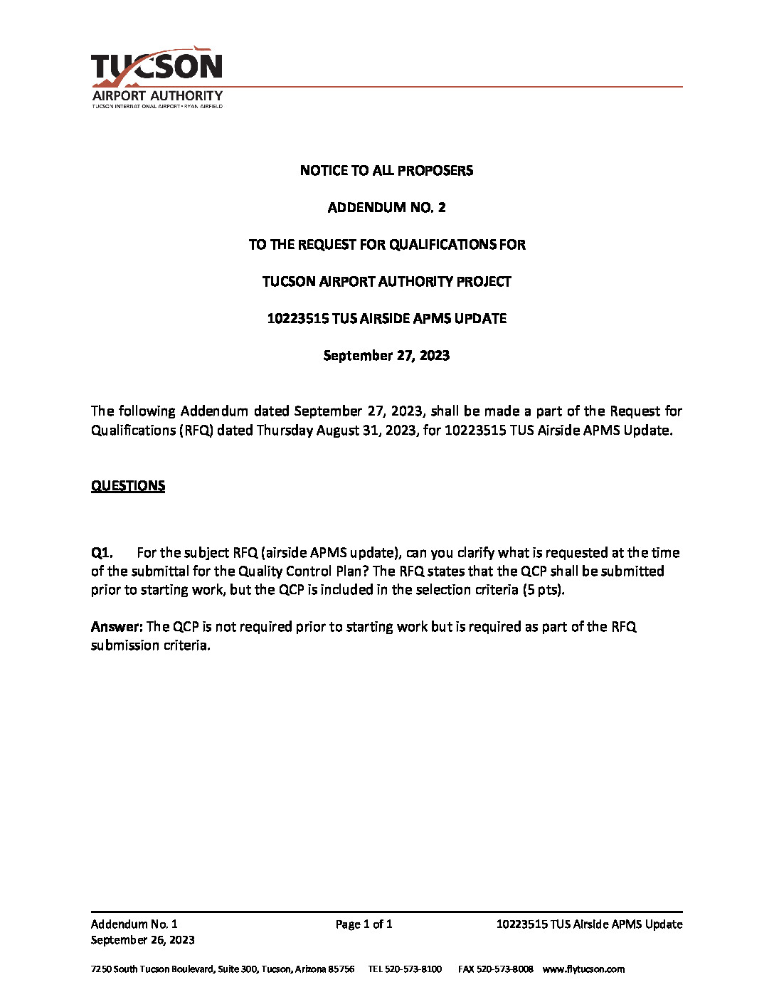 10223515 TUS Airside APMS Update – Final Addendum / Fly Tucson
