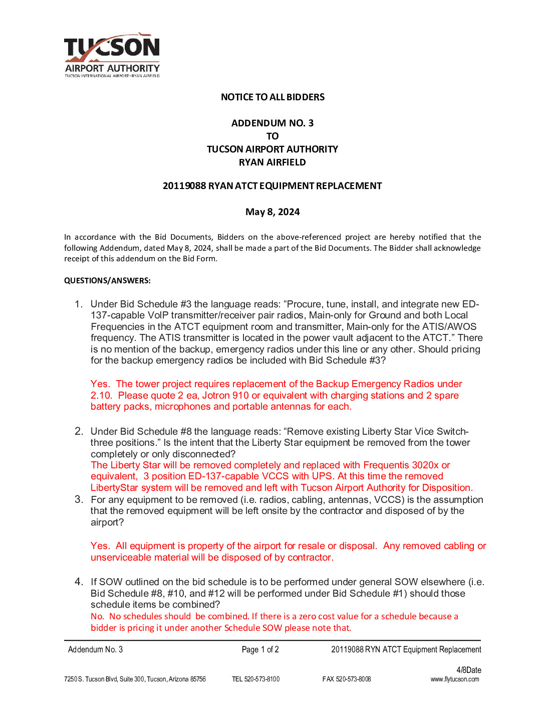 20119088 RYN ATCT Equipment Replacement – Addendum #3 / Fly Tucson