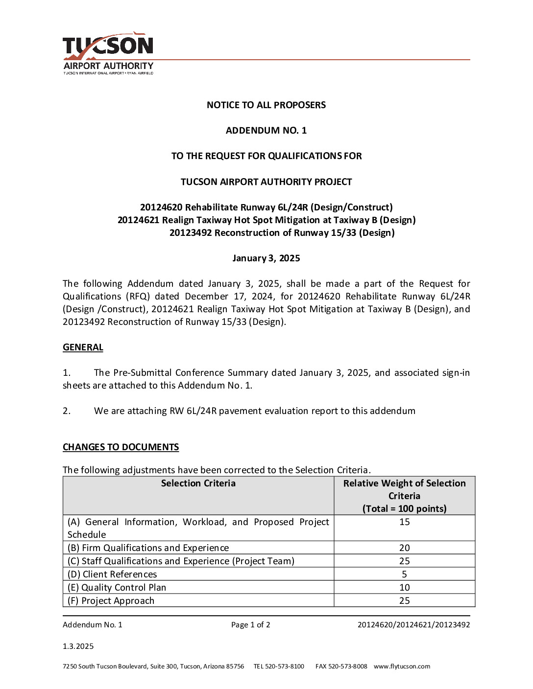 20124620, 20124621, 20123492 RFQ Addendum #1 / Fly Tucson