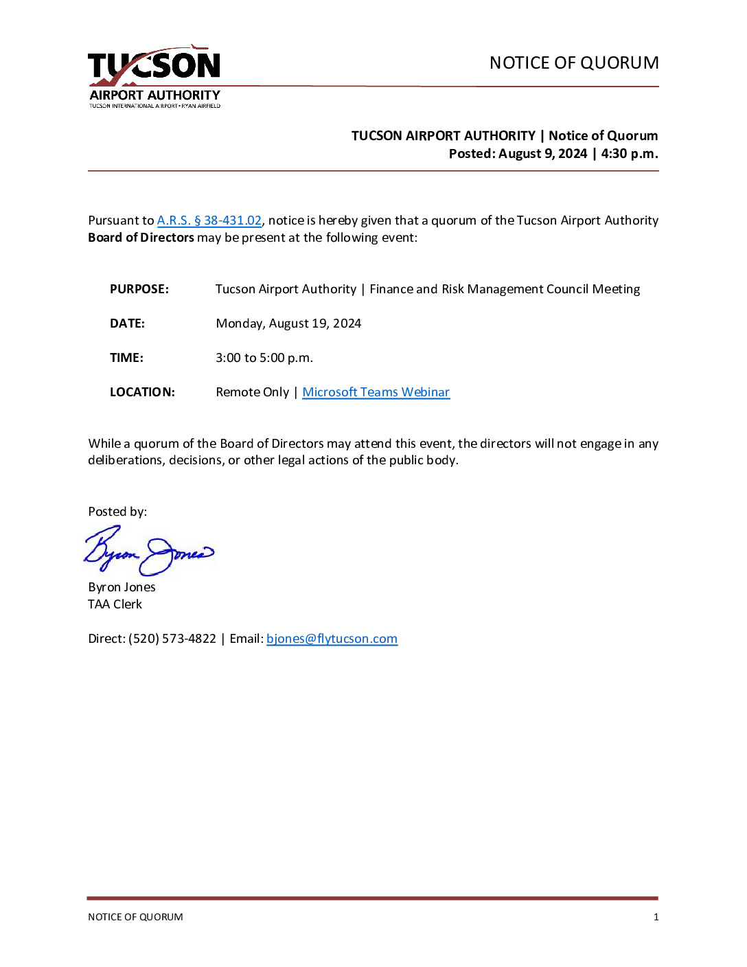 2024-08-19-bod-quorum-notice / Fly Tucson
