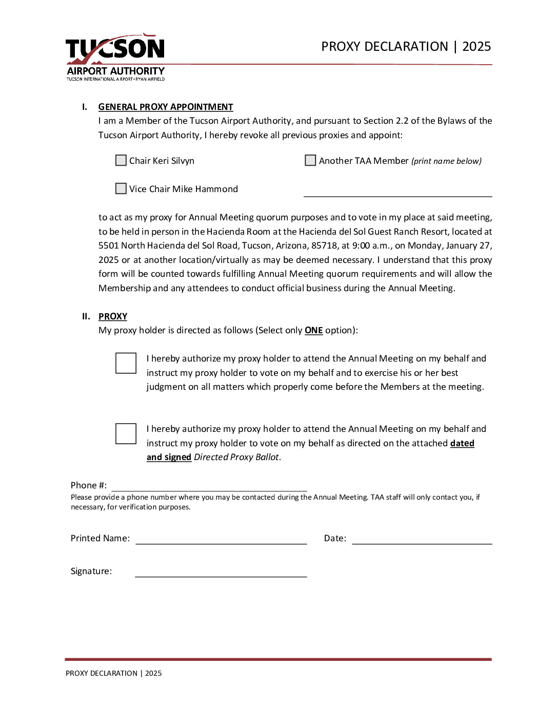 2025 Annual Meeting Proxy Form / Fly Tucson