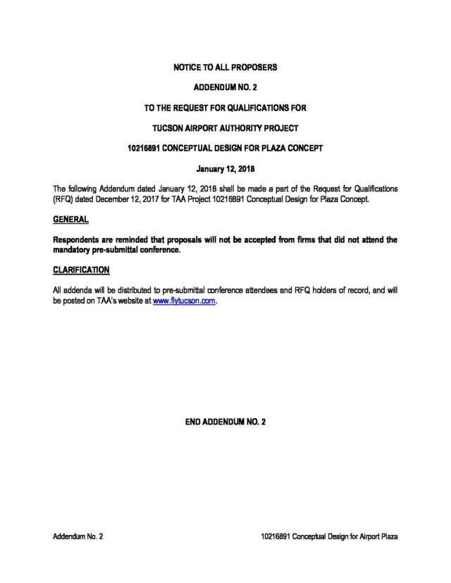 ADDENDUM NO. 2 – 10216891 Conceptual Design for Plaza Concept / Fly Tucson