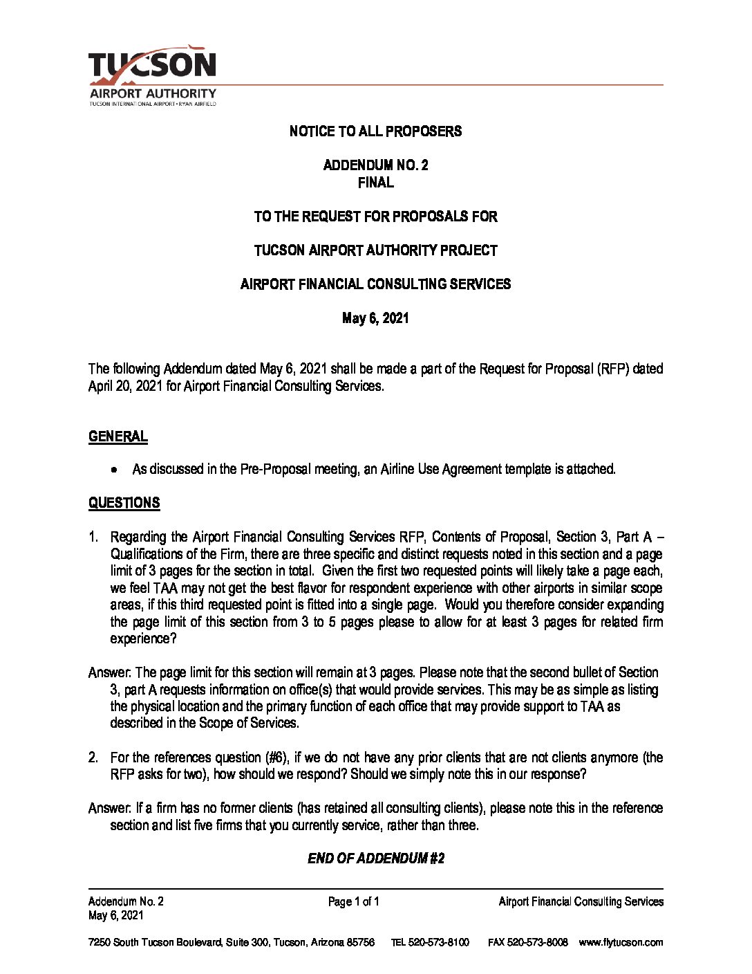 Airport Financial Consulting Services – Addendum #2 / Fly Tucson