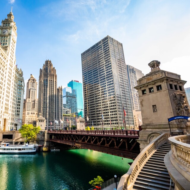 Beautiful View of Chicago river buildings modern architecture / Fly Tucson