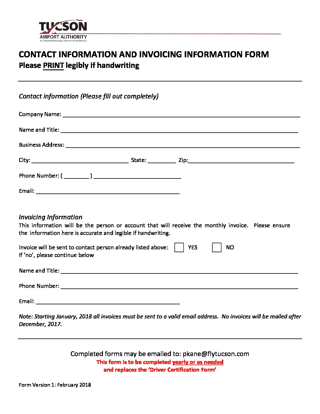 Contact and Invoicing Form / Fly Tucson