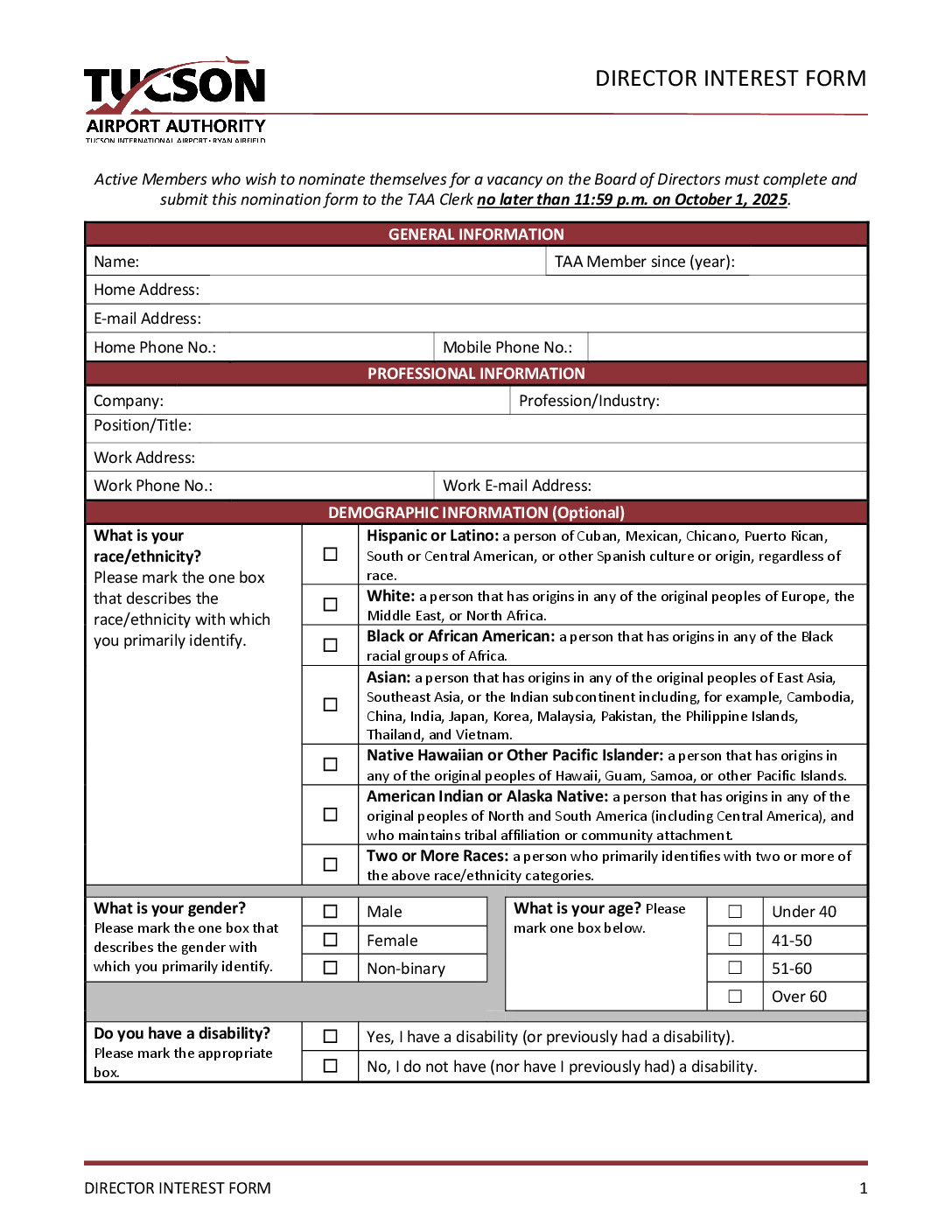 FORM – Director Nomination – 2025 / Fly Tucson