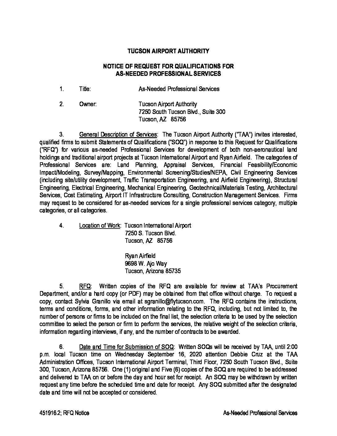 Notice -RFQ for As-Needed Professional Services / Fly Tucson