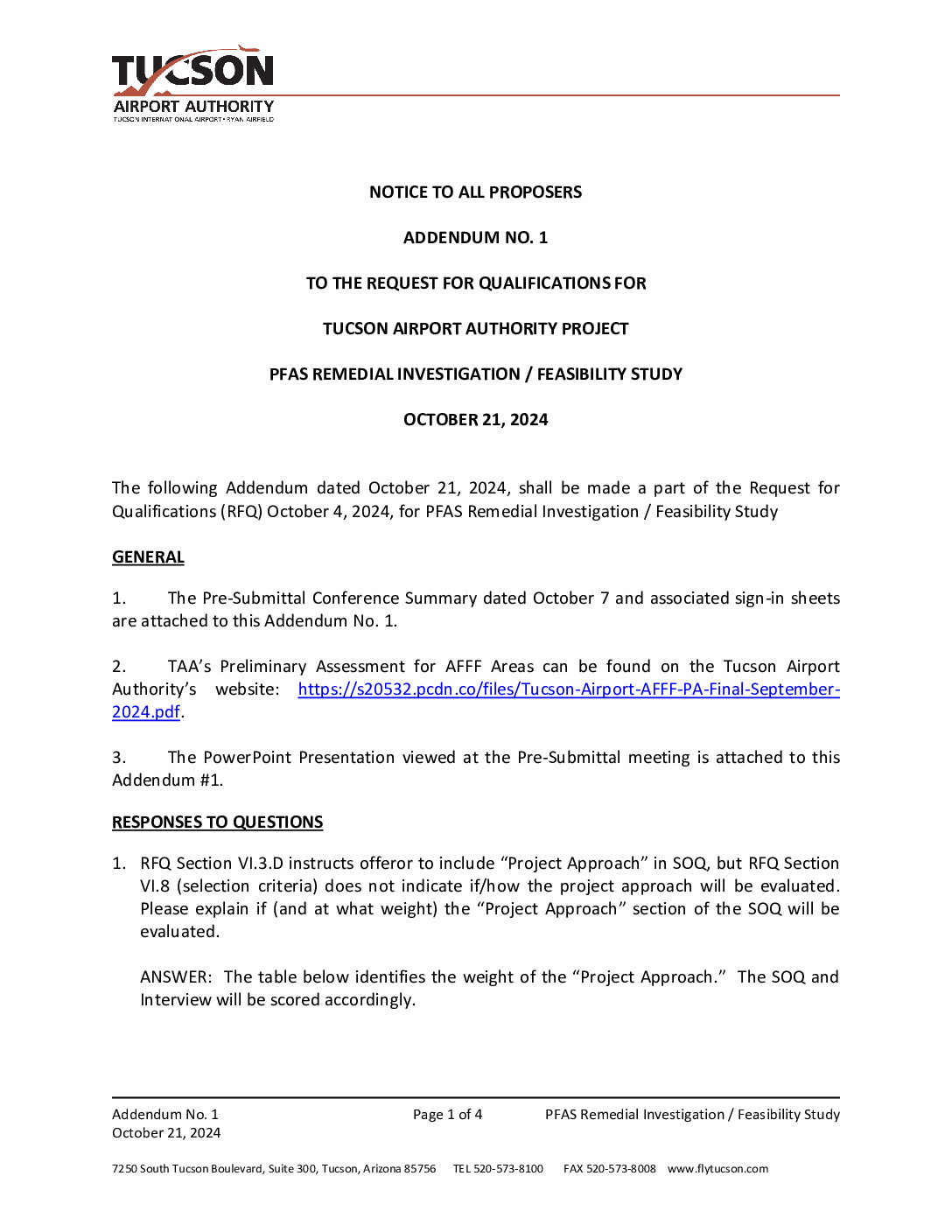 PFAS Remedial Investigation – Feasibility Study – Addendum #1 / Fly Tucson PFAS Remedial Investigation – Feasibility Study – Addendum #1 / Fly Tucson