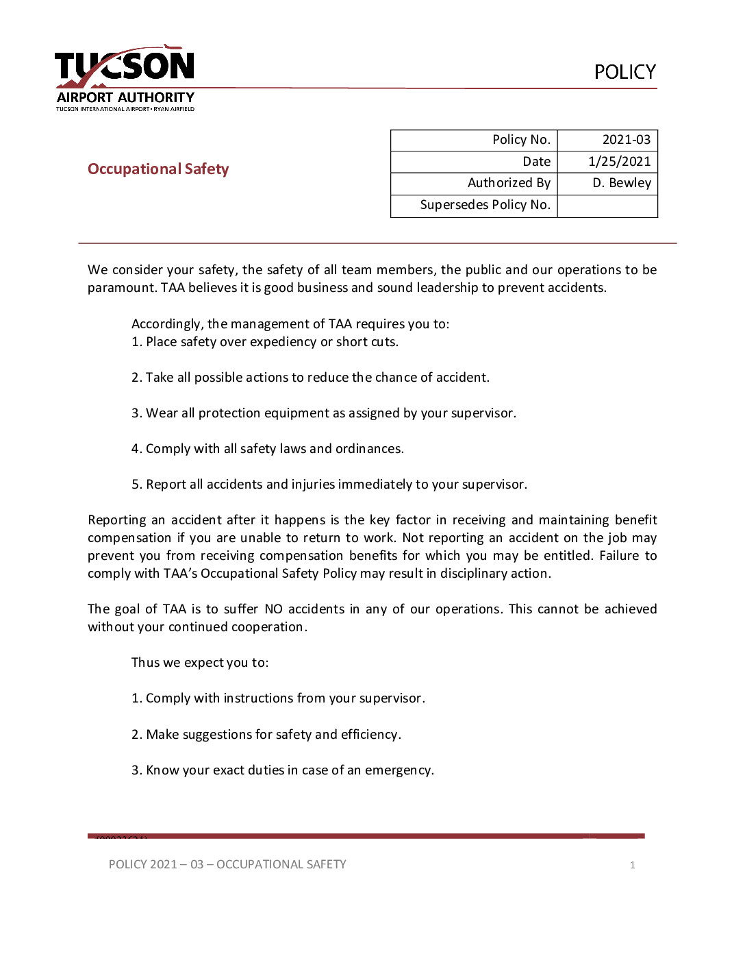 POL – 2021-03 – Occupational Safety (2021-01-25) / Fly Tucson