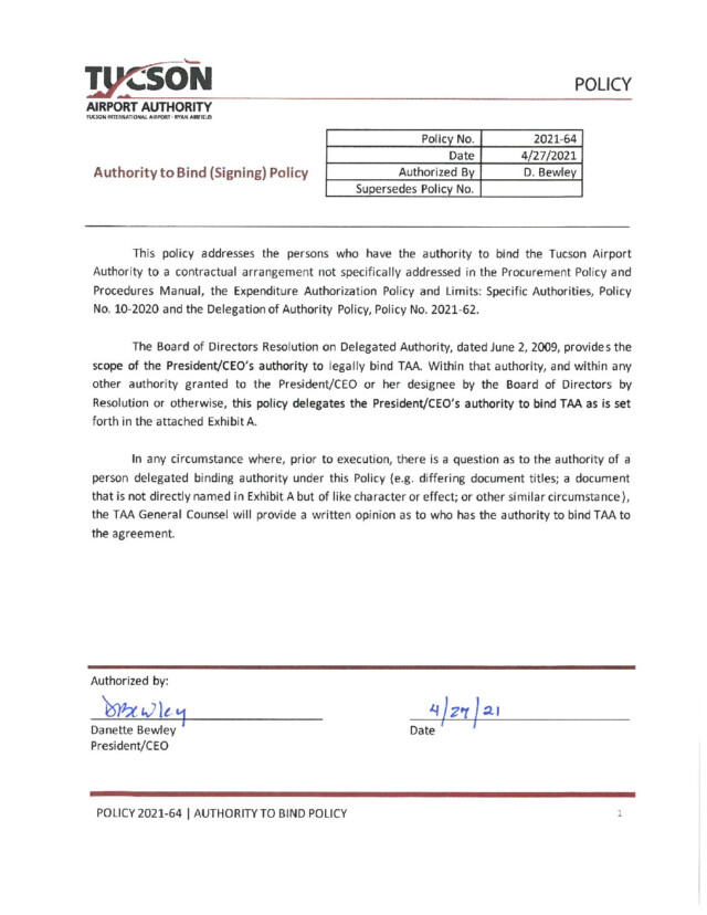 POL – 2021-64 – Authority to Bind (Signing) Policy / Fly Tucson