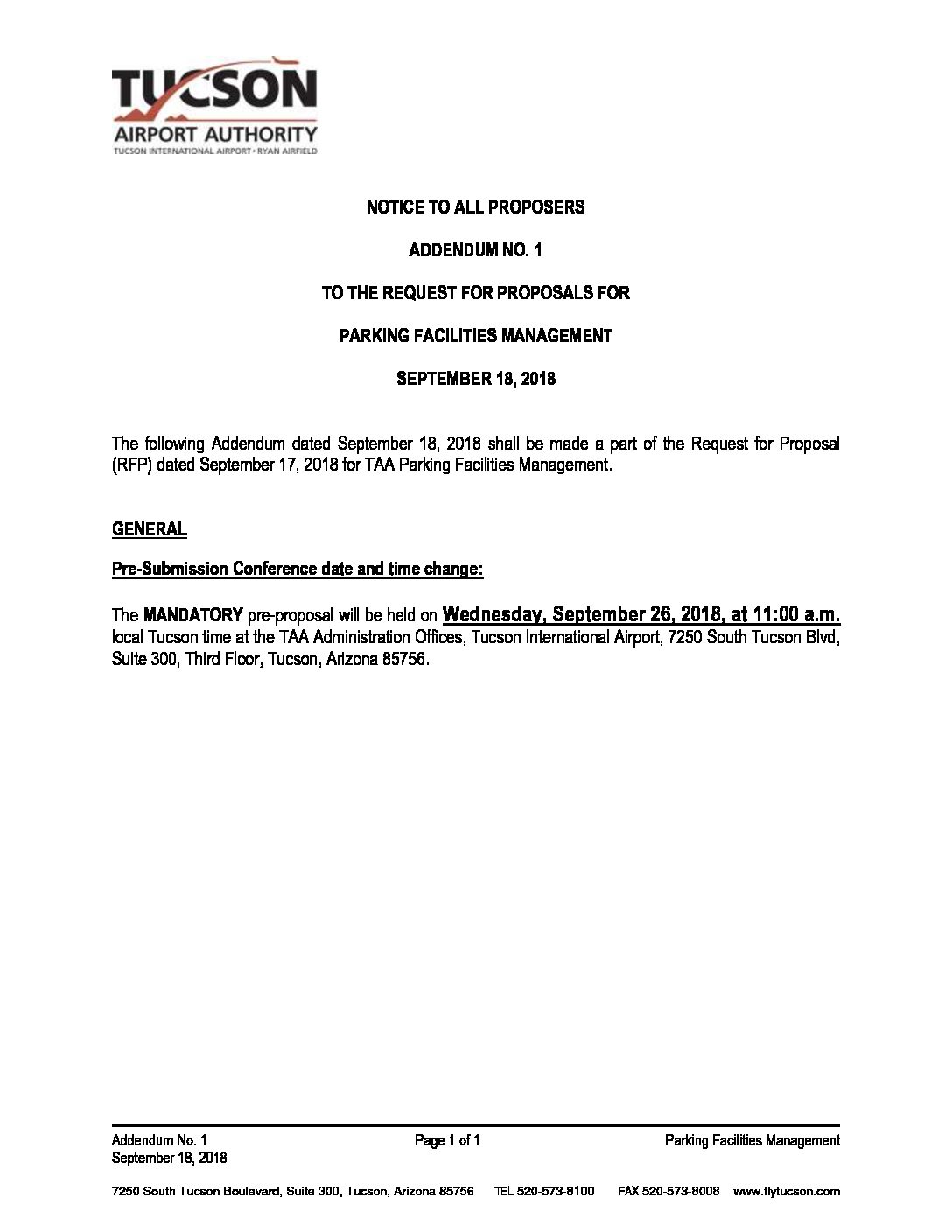 Parking Facilities Management – Addendum #1 / Fly Tucson