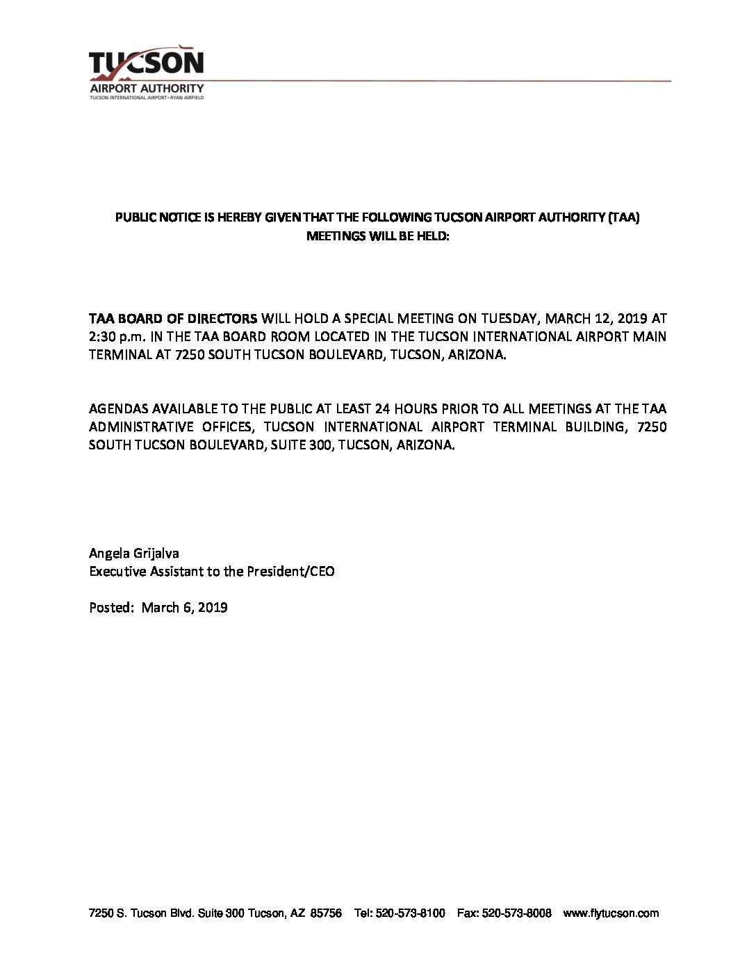 Public Notice – Board 2019 0312 / Fly Tucson