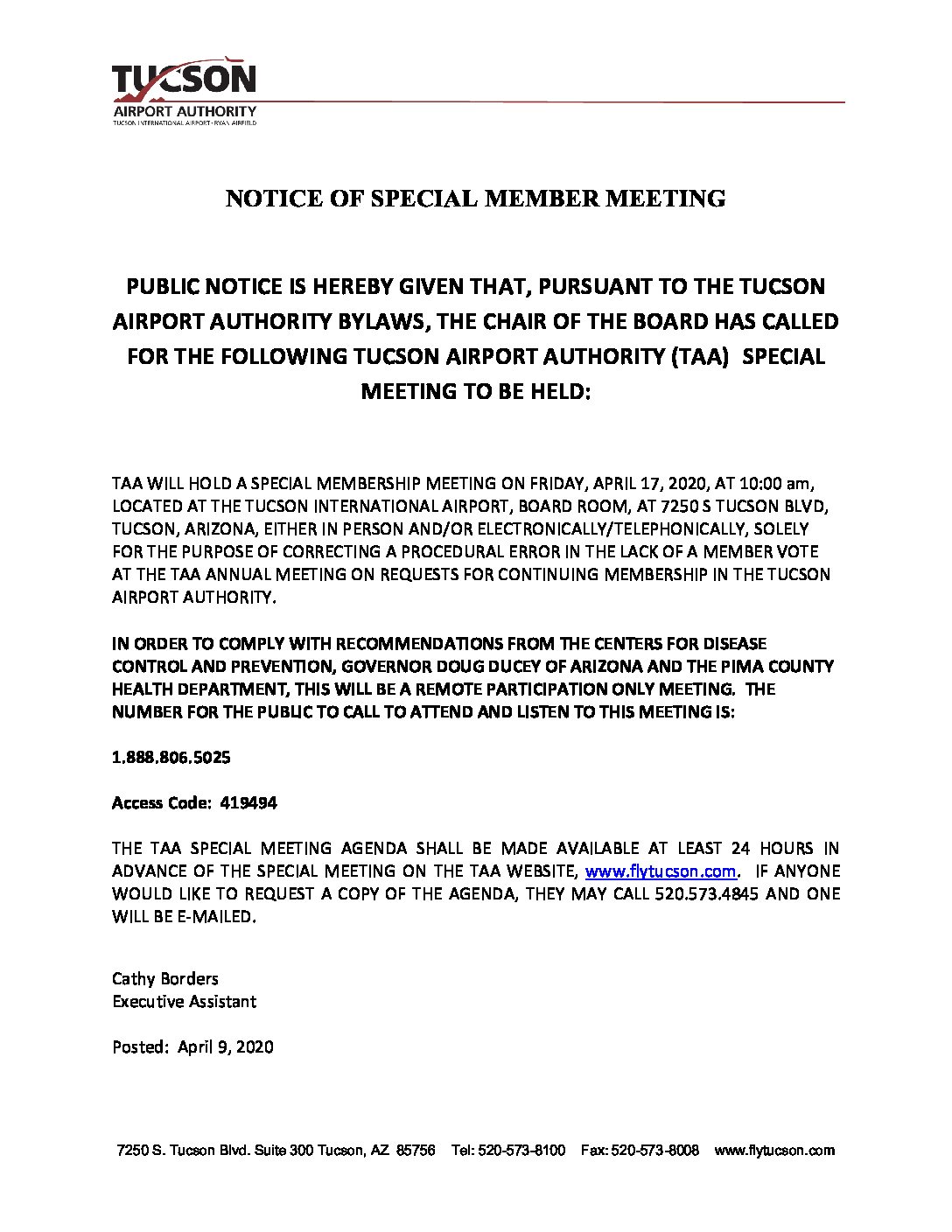 Special Meeting Notice / Fly Tucson