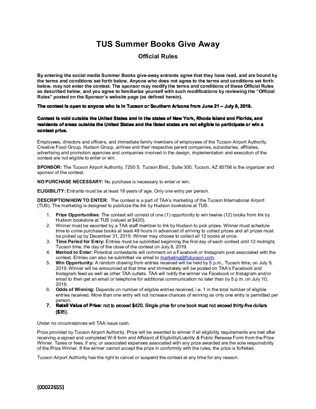 Summer book giveaway contest rules (626) FINAL / Fly Tucson